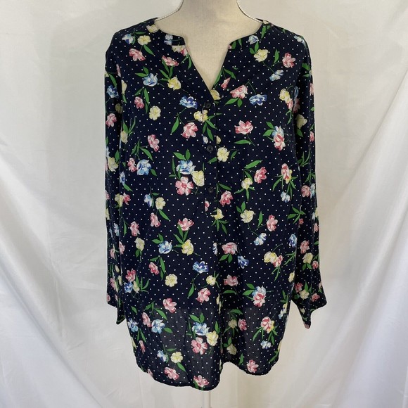 Talbots | Tops | Talbots Navy Blue Polka Dot Floral Roll Tab Cotton ...
